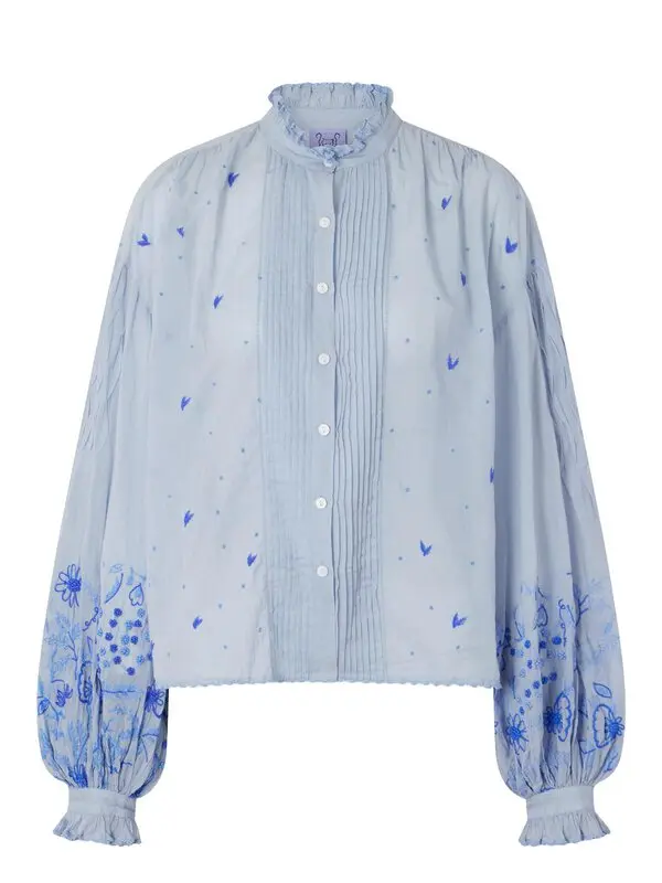 Thierry Colson Slava Ruched Pleated Embroidered Cotton-voile Shirt - Blue