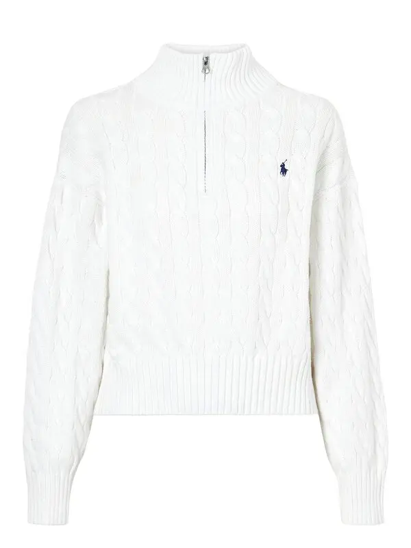 Polo Ralph Lauren Embroidered Cable-knit Cotton Half-zip Sweater - White
