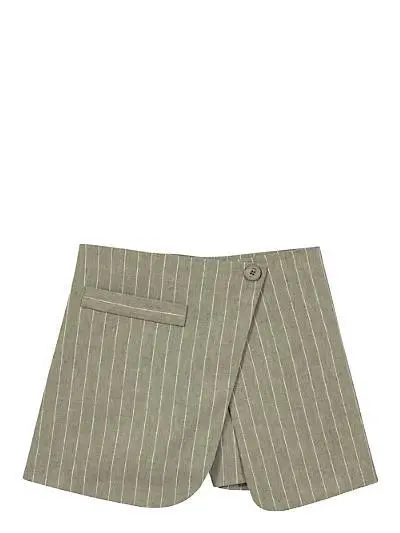 Maje Wrap-front Pinstriped Linen-blend Shorts - Khaki