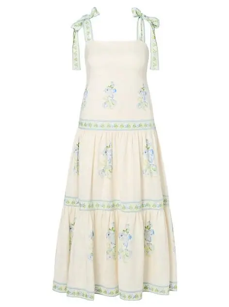MALINA Stefania Flower-embroidery Linen-blend Midi Dress - Pastel Vanilla