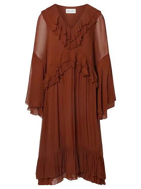 MALINA Wilhelmina Ruffled Chiffon Woven Midi Dress - Rust