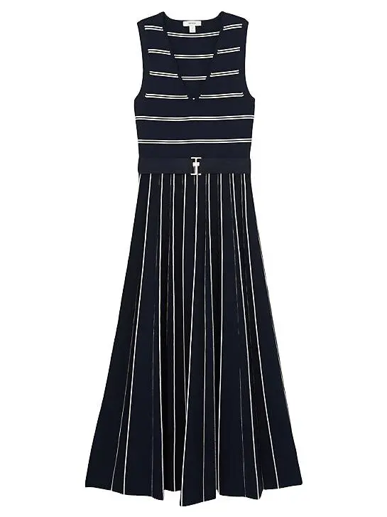 REISS Mallory V-neck Striped Midi Dress - Navy Ivory