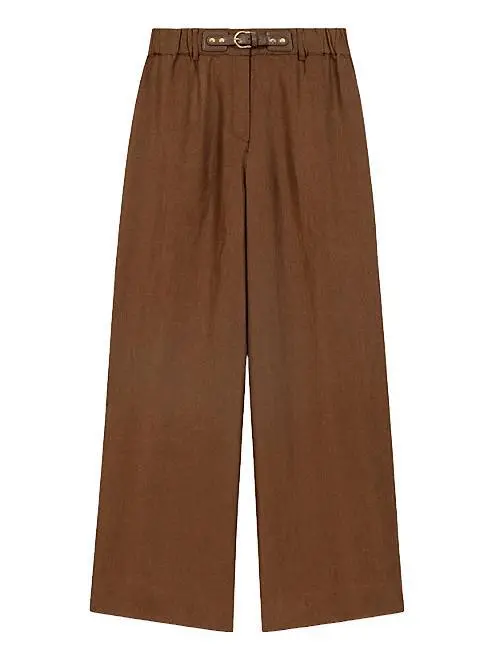 Maje Wide-leg Belted Linen Trousers - Brown