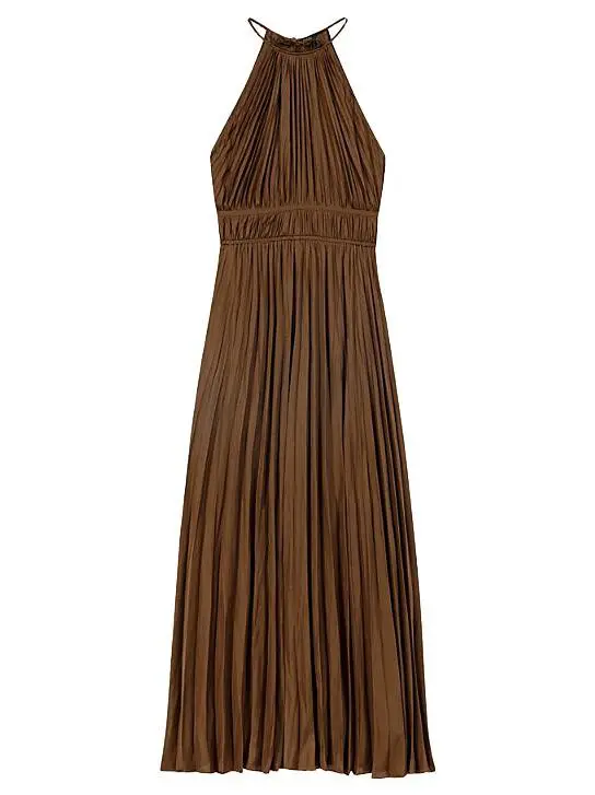 Maje High-neck Pleated Woven Maxi Dress - Brown