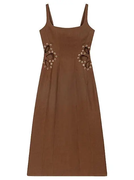 Maje Square-neck Cut-out Linen Maxi Dress - Brown