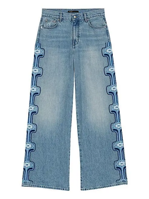 Maje Floral-embroidered Wide-leg Denim Jeans - Blue