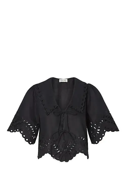 MALINA Estela Broderie-anglaise Linen-blend Blouse - Black