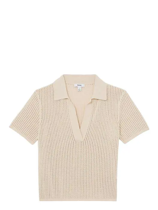REISS Pippa Open-stitch Woven Polo Shirt - Ivory