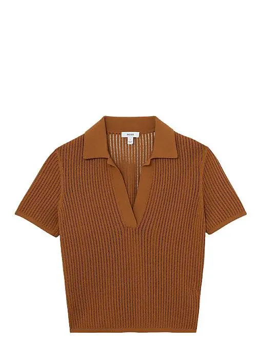 REISS Pippa Open-stitch Woven Polo Shirt - Rust Orange