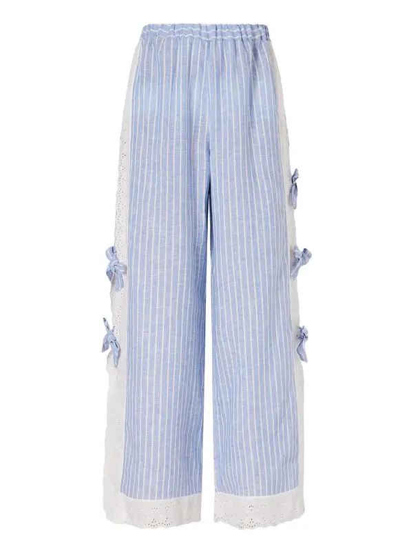 Loretta Caponi Clarissa Bow-embellished Striped Linen Pants - Blue