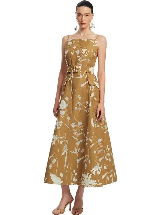 Lela Rose Floral Jacquard Belted Dress - Brown