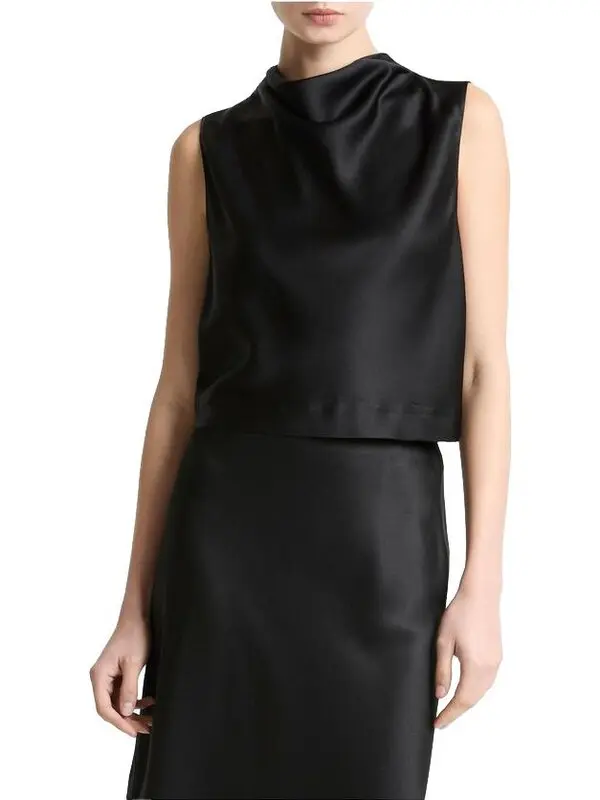 Vince Satin Cropped Cowl-neck Top - Black