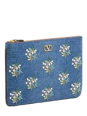 Valentino Garavani Vlogo Signature Clutch With Floral Embroidery - Denim
