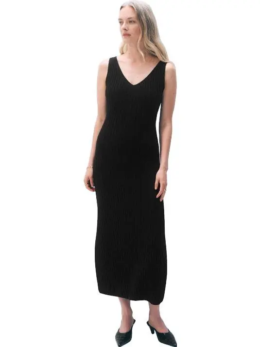 WHITE & WARREN Cashmere Blend Ribbed Midi Dress - Black