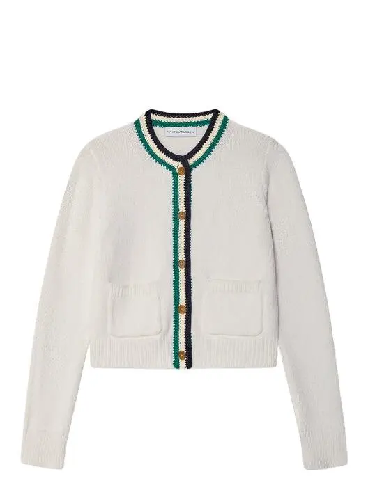WHITE & WARREN Lofty Cotton Crochet Trim Cardigan - Teal
