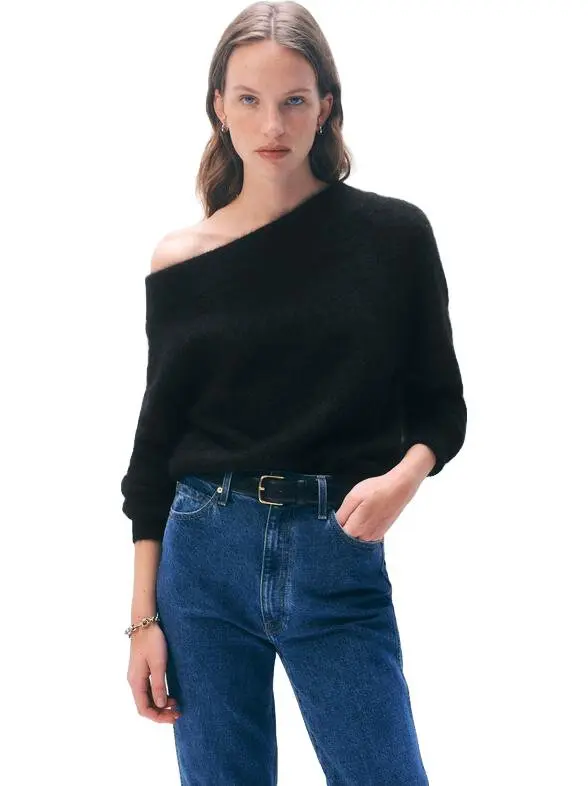 WHITE & WARREN Brushed Cashmere Off Shoulder Crewneck - Black