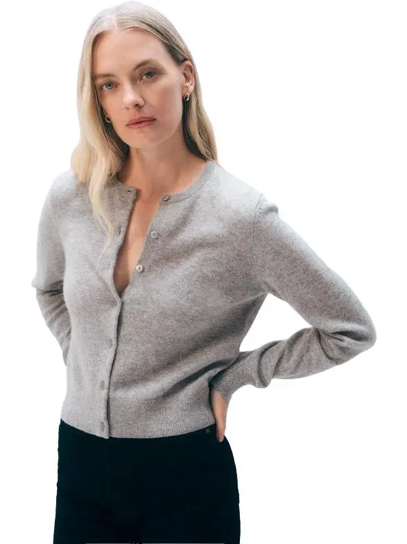 WHITE & WARREN Cashmere Crewneck Cardigan - Grey