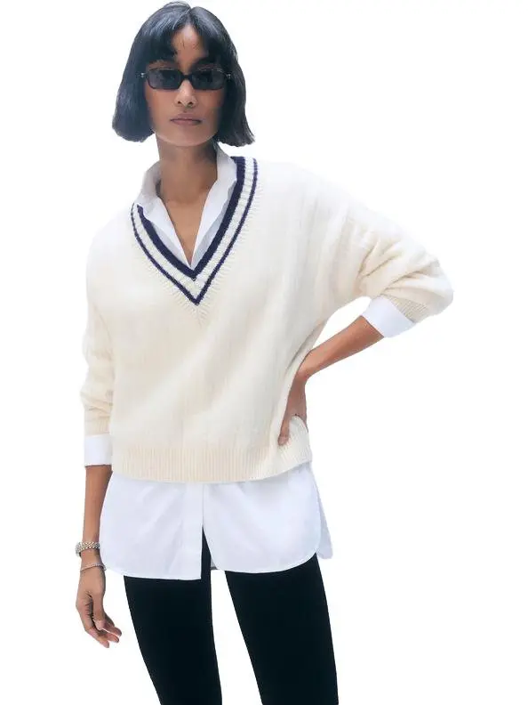 WHITE & WARREN Cashmere Varsity V-neck Sweater - Navy