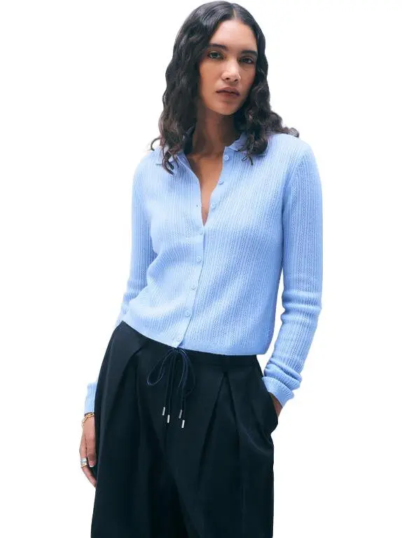 WHITE & WARREN Cashmere Collared Pointelle Shirt - Blue