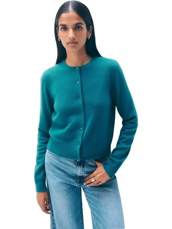 WHITE & WARREN Cashmere Crewneck Cardigan - Teal