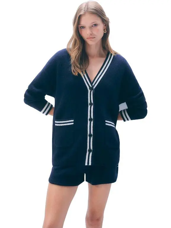 WHITE & WARREN Cashmere Varsity Cardigan - Navy
