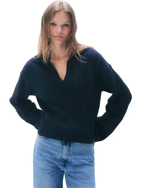 WHITE & WARREN Cashmere Cable Long Sleeve Polo - Navy