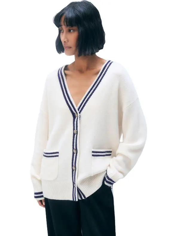WHITE & WARREN Cashmere Varsity Cardigan - Navy