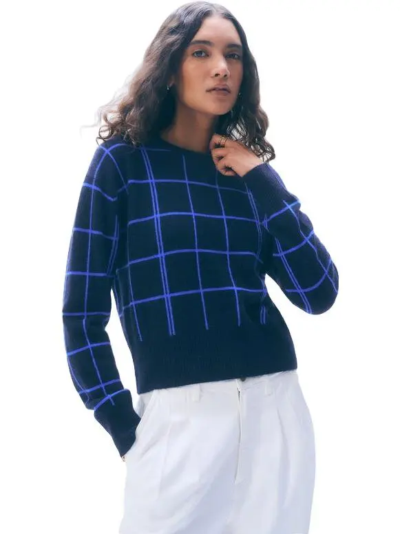 WHITE & WARREN Cashmere Windowpane Crewneck - Navy