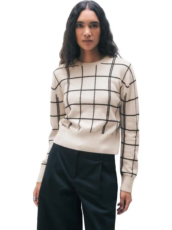 WHITE & WARREN Cashmere Windowpane Crewneck Sweater - Red