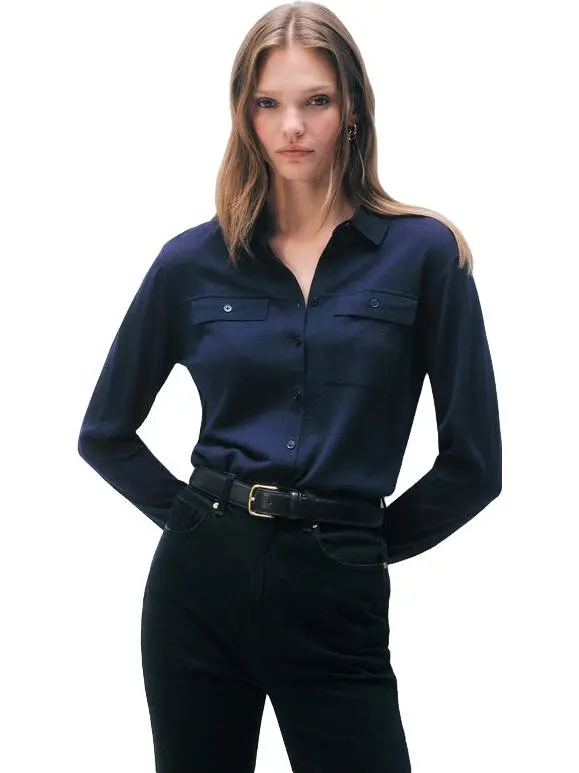 WHITE & WARREN Superfine Merino Wool Shirt - Navy