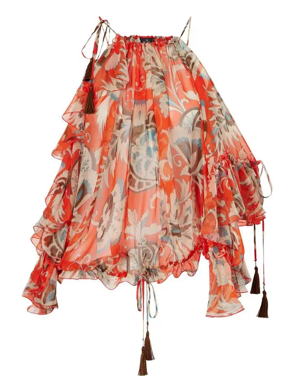Etro Off-the-shoulder Asymmetric Tasseled Ruffled Printed Silk-chiffon Blouse - Orange