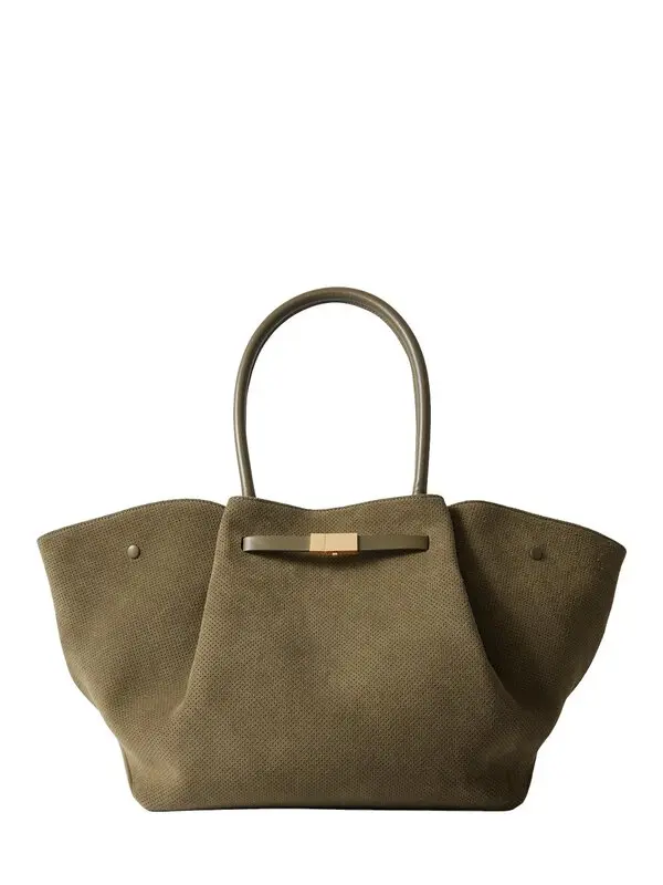 DEMELLIER Large Leather-trimmed Perforated Suede Tote - Green
