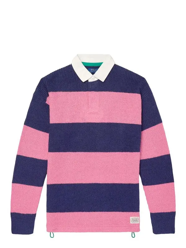 Polo Ralph Lauren Striped Ribbed Linen And Cotton-blend Polo Shirt - Pink