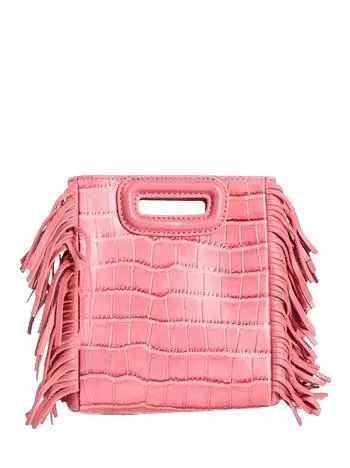 Maje Handbag In Glossed Crocodile-print Leather With Fringes - Pink