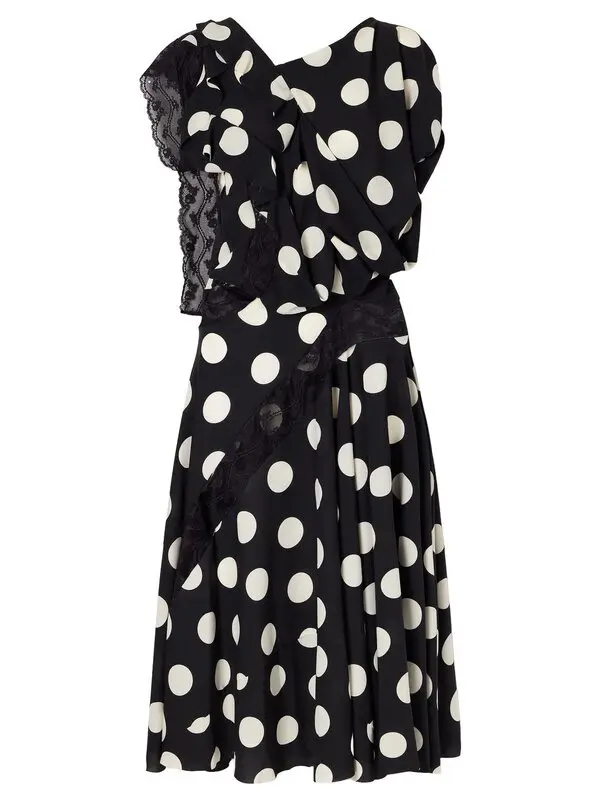 Junya Watanabe Lace-trimmed Polka-dot Georgette Midi Dress - Black