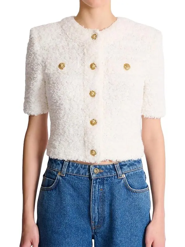 Balmain Cardigan In Dotted Tweed - White