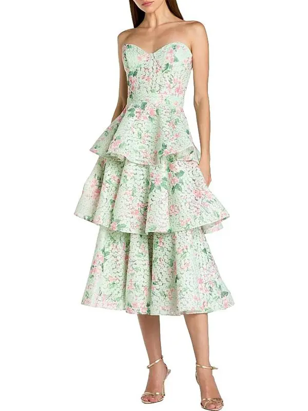 Mac Duggal Floral Net Strapless Tiered Ruffle Midi Dress - Mint Multi