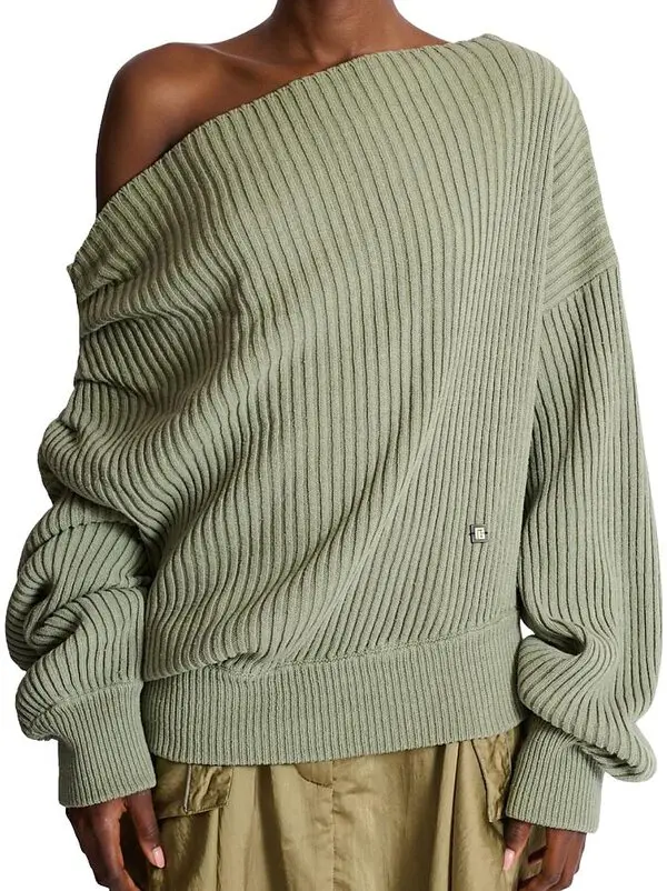 Balmain Draped Asymmetrical Jumper In Ribbed Silk Knit - Green