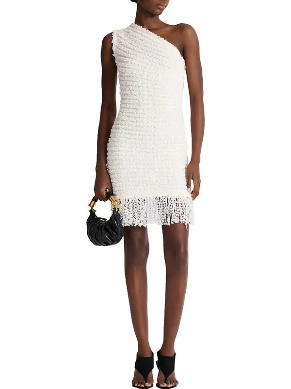 Balmain Dotted Tweed One-shoulder Dress - White