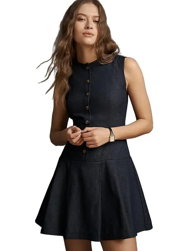 ROWING BLAZERS Pleated Denim Sleeveless Mini Dress - Dark Wash