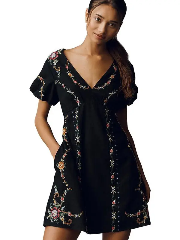 Anthropologie Linen Cotton Cutwork Mini Dress - Black Floral