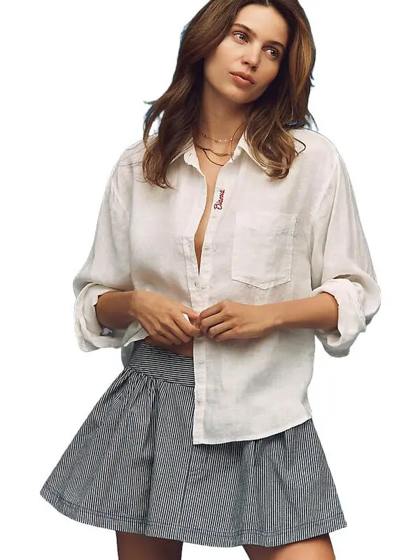 Maeve Shrunken Bennet European Linen Buttondown Shirt - Embroidered Bisous