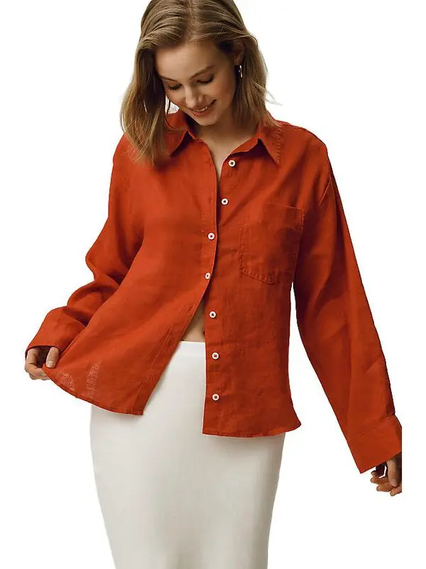 Maeve Shrunken Bennet Linen Buttondown Shirt - Red