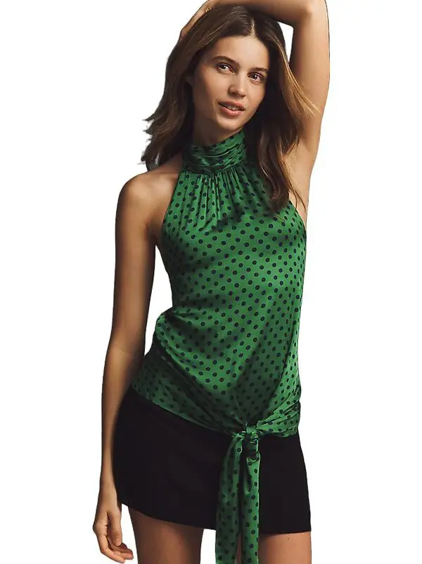 Maeve Silky Halter Tie Top - Green Dot