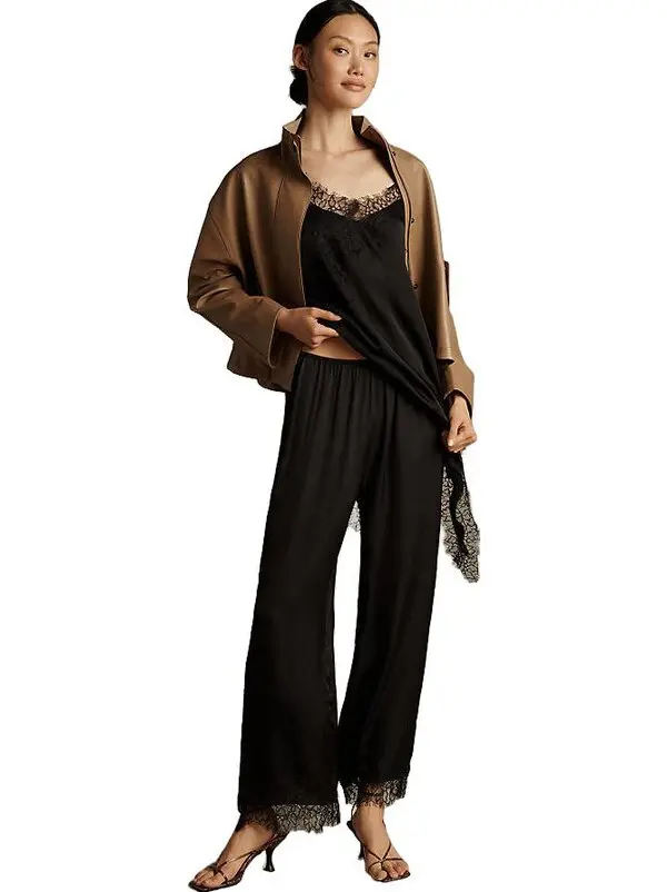 LYREBIRD Satin Lace-trim Wide-leg Pants - Black Onyx