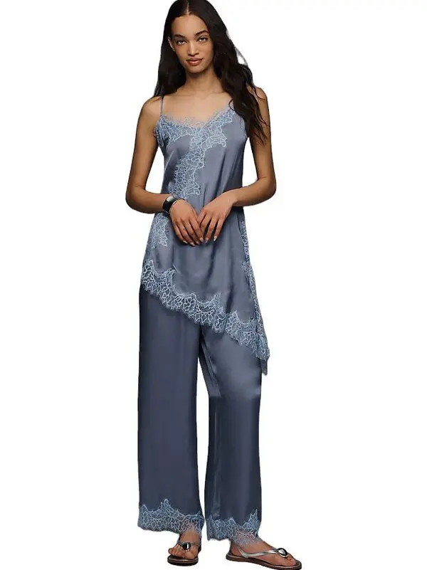 LYREBIRD Satin Lace-trim Wide-leg Pants - Blue/grey