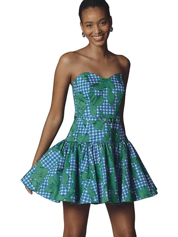 HUTCH Junie Strapless Mini Dress - Green Plaid