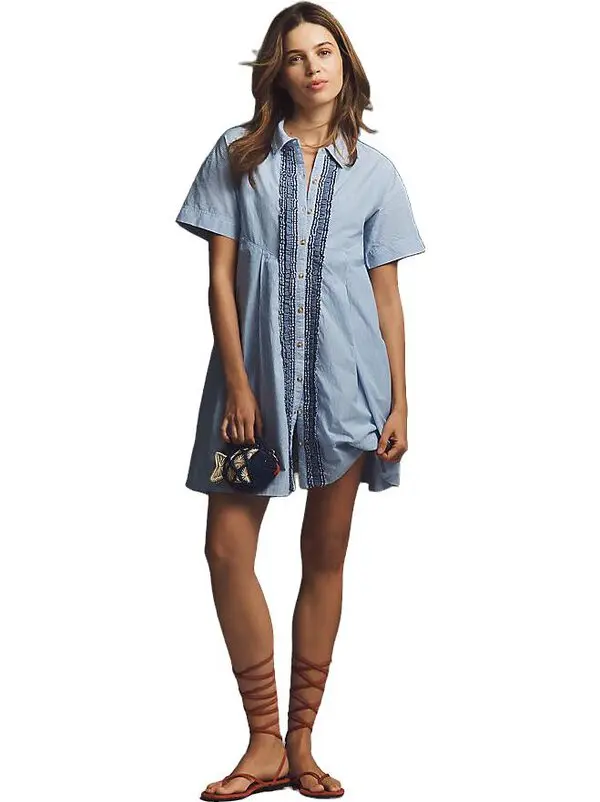 Maeve Cotton Ruffle Mini Swing Dress - Blue Stripe