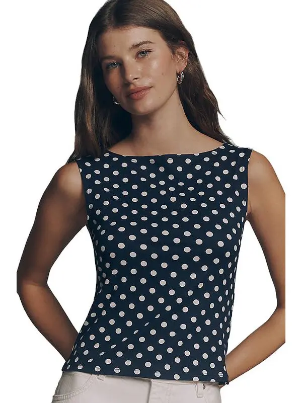 Maeve Sleeveless Printed Boat-neck Tank Top - Navy Polka Dot
