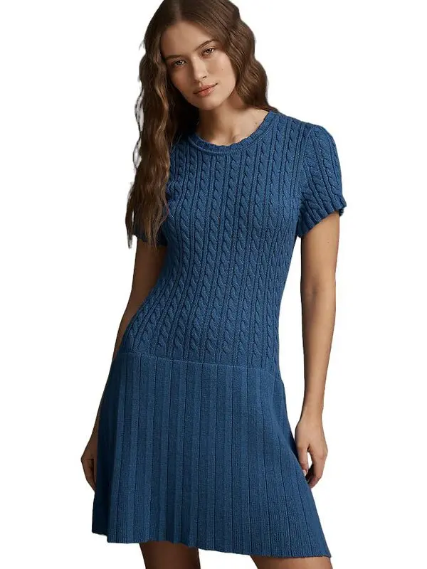 ROWING BLAZERS Short-sleeve Cableknit Pleated Dress - Blue